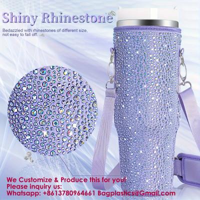 China RhineStone Decoration Acessories, Tumbler With Handle,Pink Insulated Neoprene Cup Holder Pouch W/Adjustable Strap For Quencher H2.0 Stanley Cup Accessories for sale