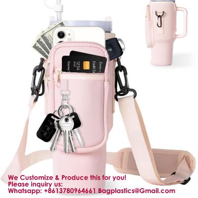 China Adjustable Strap Neoprene 40oz Water Bottle Carrier Sleeve Pouch Tumbler Cup Holder Sling Bag With Phone Pocket for sale