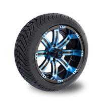 China 225/30-14 DOT 14 Inch Golf Cart Wheel And Tire Combo Blue / Glossy Black Wheels 101.6 PCD for sale