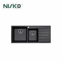 China Top Mount Double Bowl Quartz Sink with Drainboard - 1160x500mm Size, 80% Quartz Composite, Heat Resistant to 280°C for sale