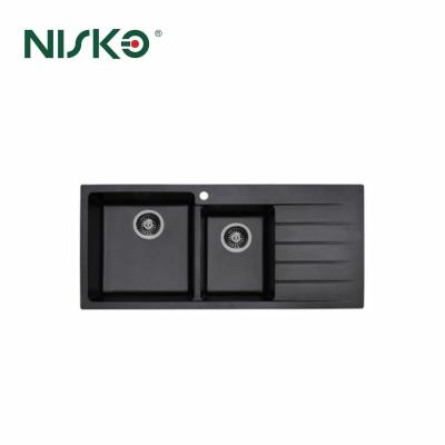 China Top Mount Double Bowl Quartz Sink with Drainboard - 1160x500mm Size, 80% Quartz Composite, Heat Resistant to 280°C for sale
