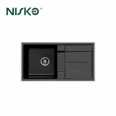 China Single Bowl Quartz Composite Kitchen Sink with Drainboard - 80% Quartz, Heat Resistant to 572°F, 495×450mm Bowl for sale