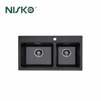 China 33x22 Inch Black Quartz Composite Double Bowl Kitchen Sink - 80% Natural Stone, 280°C Heat Resistant, Top Mount Installation for sale