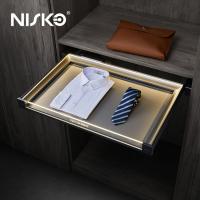China Aluminum LED Pull Out Accessories Storage Tray with Glass Panel - 495-795mm Width, 52mm Height, Automatic Lighting for sale