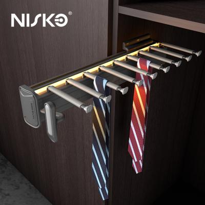 China Side Mounted Pull Out Tie Rack with Soft Closing - 178×475×117mm Aluminum Frame & Leather Holders for Wardrobe Organization for sale