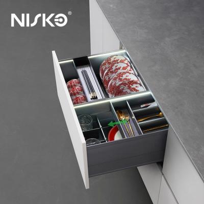China Pull Out Multi-purpose Kitchen Organizer with LED Light - 549-849mm Width, Adjustable Cutlery & Dish Storage for sale