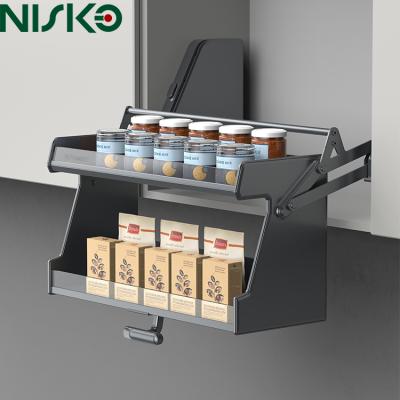 China Pull Down Kitchen Shelf Lifting Basket Spice Bottle Rack 300×420mm Glass Aluminum Organizer for sale