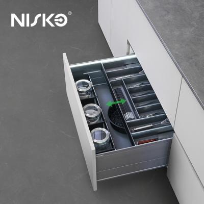 China NISKO Double Tier Pull Out Cabinet Basket Cutlery Utensil Storage Tray with LED Light 600mm for sale