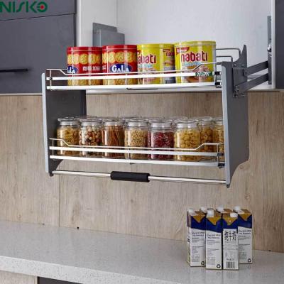 China 2-Tier Pull Down Wire Cabinet Lifting Elevator Basket 564-864mm Width Kitchen Pantry Storage for sale