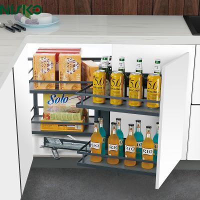 China Pull Out Wire Magic Corner Metal Shelves 764-964mm Wine Bottle Storage Drawer Pantry Basket for sale