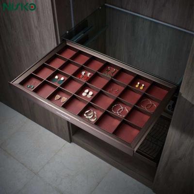 China Hidden Pull Out Jewelry Tray Soft Close 700mm with 24 Velvet Compartments for Wardrobe Organization for sale