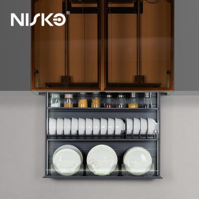 China Automatic Electronic Lift Pull-Down Seasoning Bottle Storage Rack - 674mm to 974mm Width with 3-Tier Organization for sale