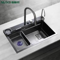 China 16 Gauge 304 Stainless Steel Smart Kitchen Sink Double Bowl with LED Faucet - 750×460×220mm for sale