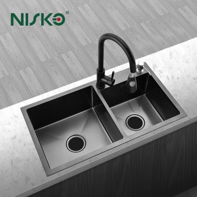 China Custom 304 Stainless Steel Double Bowl Kitchen Sink - 16 Gauge Handmade with 780×430×220mm or 820×450×220mm Sizes for sale