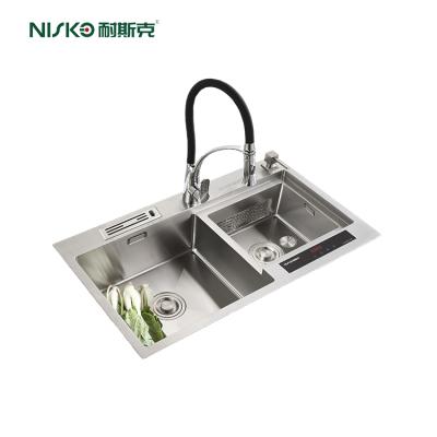 China Double Bowl Smart Embedded Kitchen Sink with Touch Control - 820×480×220mm Size, 30L+15L Capacity, 304 Stainless Steel for sale