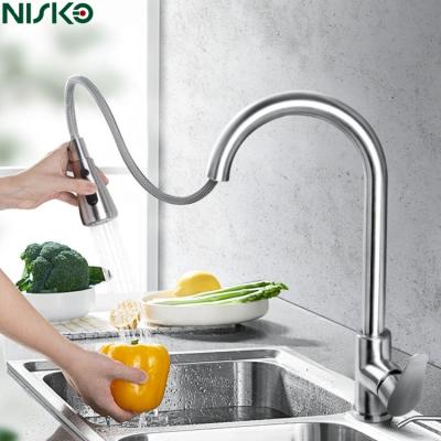 China Brushed Nickel Kitchen Faucet with Copper Core 250mm Height and 360° Swivel Sprayer for sale