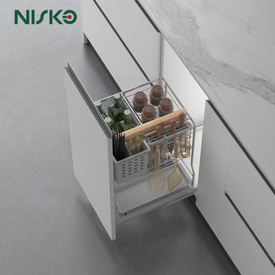 China Multifunctional Sliding Basket Seasoning Bottle Storage Rack - Stainless Steel or Plastic, Single/Double Tier Options for Kitchen Cabinets for sale