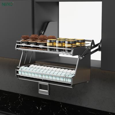 China Kitchen Pull Down Cabinet Lift Pantry Organizer Basket - 564-864mm Width, Dual-Tier Storage for Spice Bottles for sale