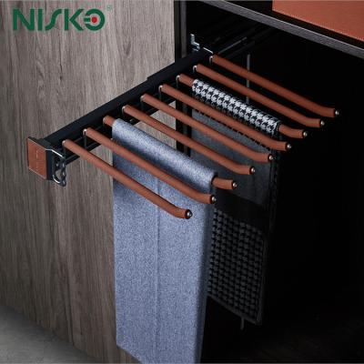 China Soft Closing Side Mounted Pant Clothes Hanger with Leather Bar - 450mm Cabinet Size, 367×472×96mm Dimensions for sale