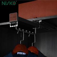 China Soft Closing Top Mounted Pull Out Clothes Hanger Rack 108mm Width with 8 Ball Hooks for Wardrobe Organization for sale