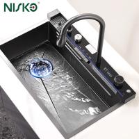 China 16 Gauge 304 Stainless Steel Smart Kitchen Sink Double Bowl with LED Faucet - 750×460×220mm for sale