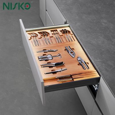 China Pull Out Wooden Cutlery Organizer with LED Light - 541-841mm Width, 88mm Height, Soft-Close Drawer for sale