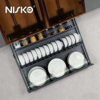China Automatic Electronic Lift Pull-Down Seasoning Bottle Storage Rack - 674mm to 974mm Width with 3-Tier Organization for sale