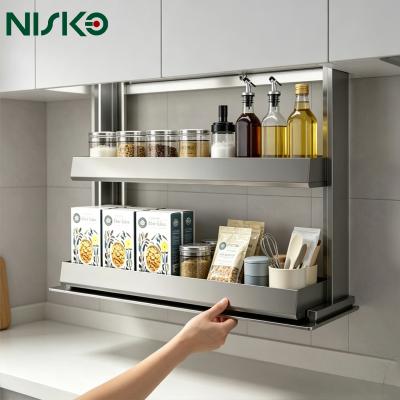 China NISKO Double Tier Electric Pull Down Cabinet Lift Aluminum Upper Cabinet Spice Storage Basket With LED Light for sale