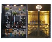 China Stainless Steel Wine Cabinet 220V 50Hz Black Metal Frame Glass Display Case for Hotel for sale