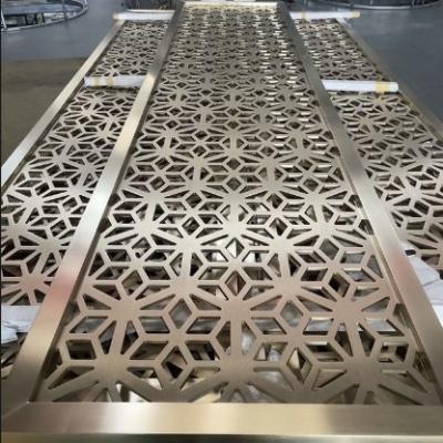 China Laser Cut Stainless Steel Screen Partition 3x10ft PVD Gold Room Divider for Hotel Decoration for sale