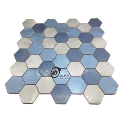 China 304 Stainless Steel Hexagon Mosaic Tile 300x300mm Blue Silver Brushed Metal Wall Floor Decor for sale
