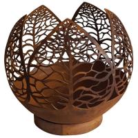 China Autumn Sunset Leaf Weathering Steel Globe Sphere Fire Pit With Ash Tray for sale