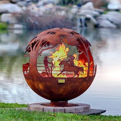 China Corten Steel Fire Pit Ball 900mm 1000mm Decorative Cowboy Story Outdoor Garden for sale