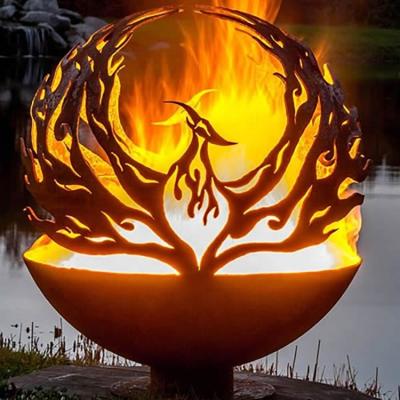 China Corten Steel Sphere Fire Pit Ball Phoenix Design 80cm Wood Burning for sale