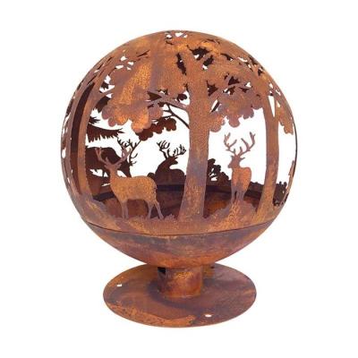 China Corten Steel Woodland Deer Fire Globe Round Ball Fire Pit 66cm Height 4mm Thickness for sale