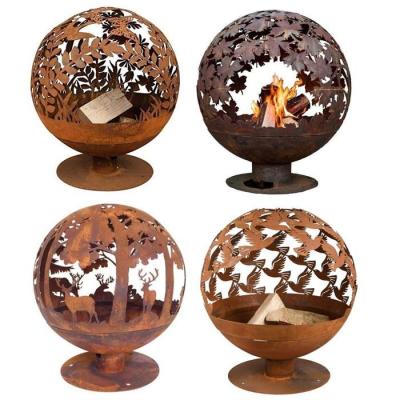 China Rustic Floral Corten Steel Fire Globe 80cm 90cm 100cm Portable Outdoor Heater for sale
