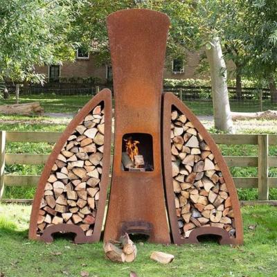 China Tendu Corten Steel Outdoor Fireplace with Wood Storage 2400mm Height for sale