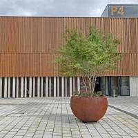 China Corten Steel Globe Tree Planter D80 H60 cm Geometric Sphere for Streetscape for sale