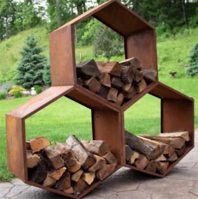 China Hexagon Corten Steel Honeycomb Firewood Storage Log Rack 11 Gauge 3mm for sale