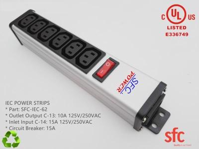 China 6 Outlet Flat Plug Metal PDU Power Strip with 2400W Capacity and Overload Protector - IEC C13/C14 16A 250V for sale