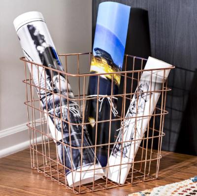 China Carbon Steel Rectangle 13 Inch Wire Basket Copper Magazine Storage Basket for sale