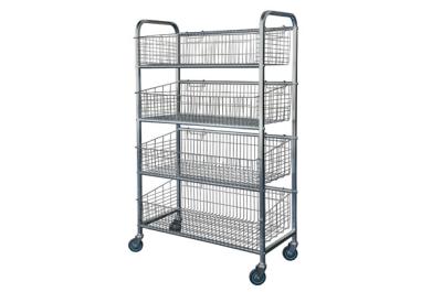 China Vegetable Mobile Commercial Wire Shelving Storage Rack With 4 Shelf Baskets for sale