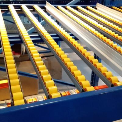China Space Saving Wheel Type Flow Rack System In Yellow Color For Hardware Industry for sale