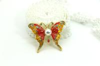 China Red Butterfly Fashion Brooch Pin Inlaid Diamond For Clothing ODM for sale