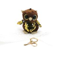 China 3D Plush Doll Key Chain Brown Embroidered Owl 10cm Inlaid Round Gold Eyes Beads for sale