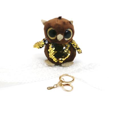 China 3D Plush Doll Key Chain Brown Embroidered Owl 10cm Inlaid Round Gold Eyes Beads for sale