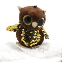 China 3D Plush Doll Key Chain Brown Embroidered Owl 10cm Inlaid Round Gold Eyes Beads for sale