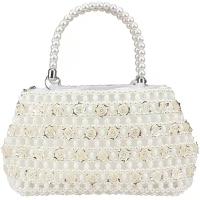 China White 6mm Pearl Clutch Handbag Hand Woven Gold Rose shape OEM ODM for sale