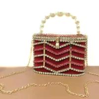 China Flat Bucket Shape Pearl Hand Bags Red Fabric Inlaid Diamond OEM ODM for sale