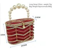China Flat Bucket Shape Pearl Hand Bags Red Fabric Inlaid Diamond OEM ODM for sale
